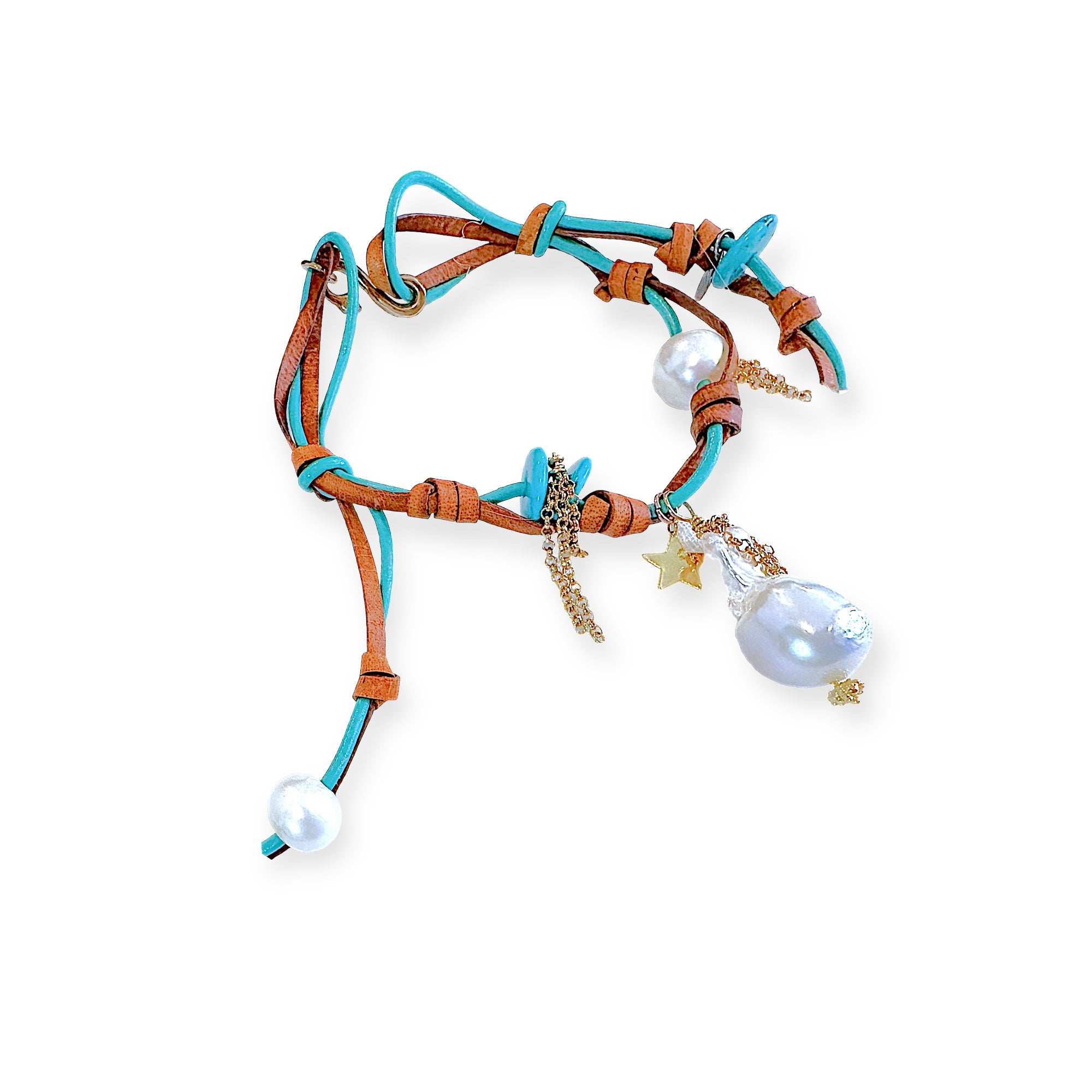 Turquoise Star Baroque Pearl Gold Rockstar Leather Anklet | SHOP BAZAAR