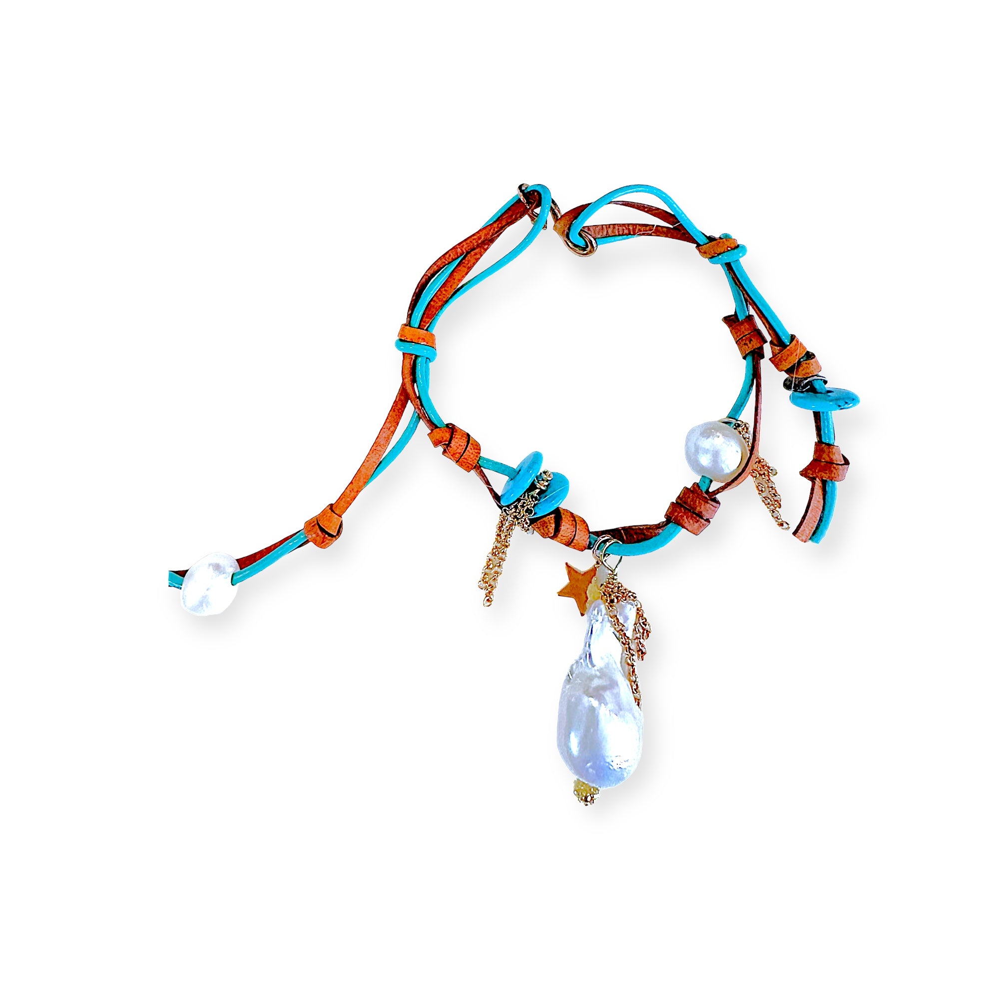 Turquoise Star Baroque Pearl Gold Rockstar Leather Anklet | SHOP BAZAAR