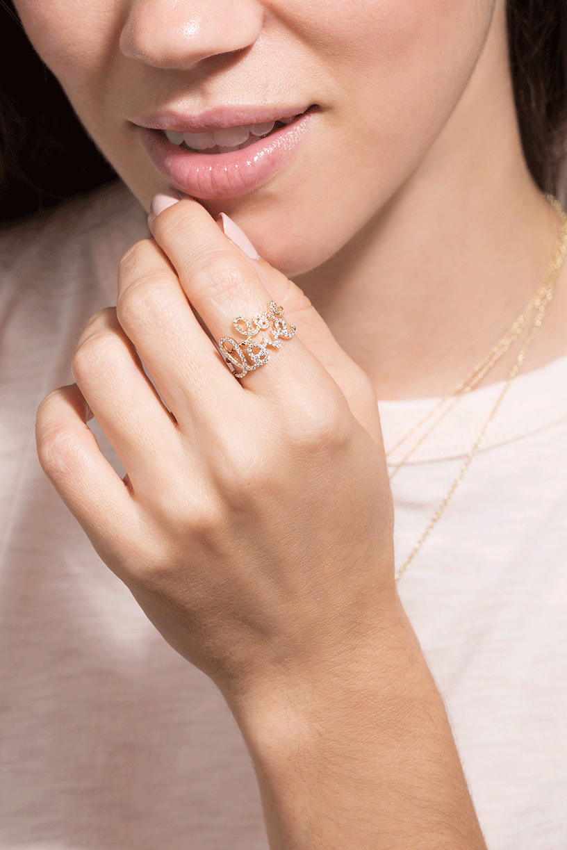 Diamond Pave Love Script Ring | SHOP BAZAAR