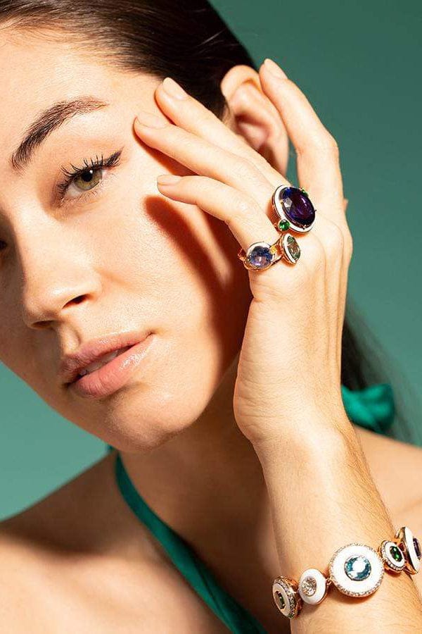 Tanzanite Tsavorite and White Enamel Ring | SHOP BAZAAR