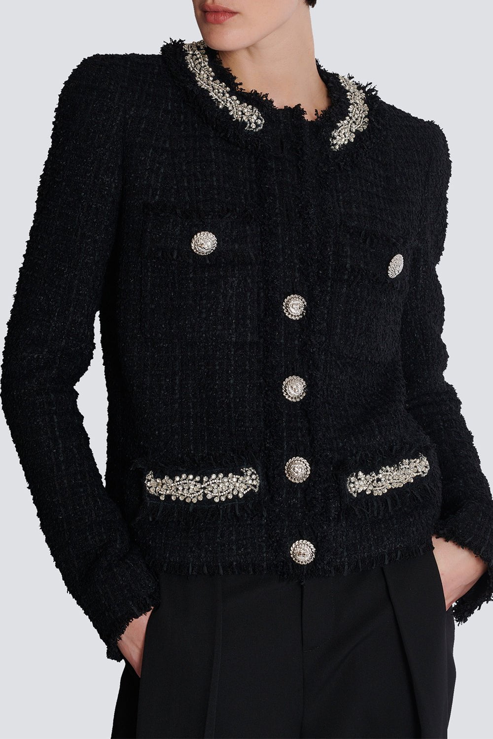 Embellished Collarless Side To Side Jacket | SHOP BAZAAR