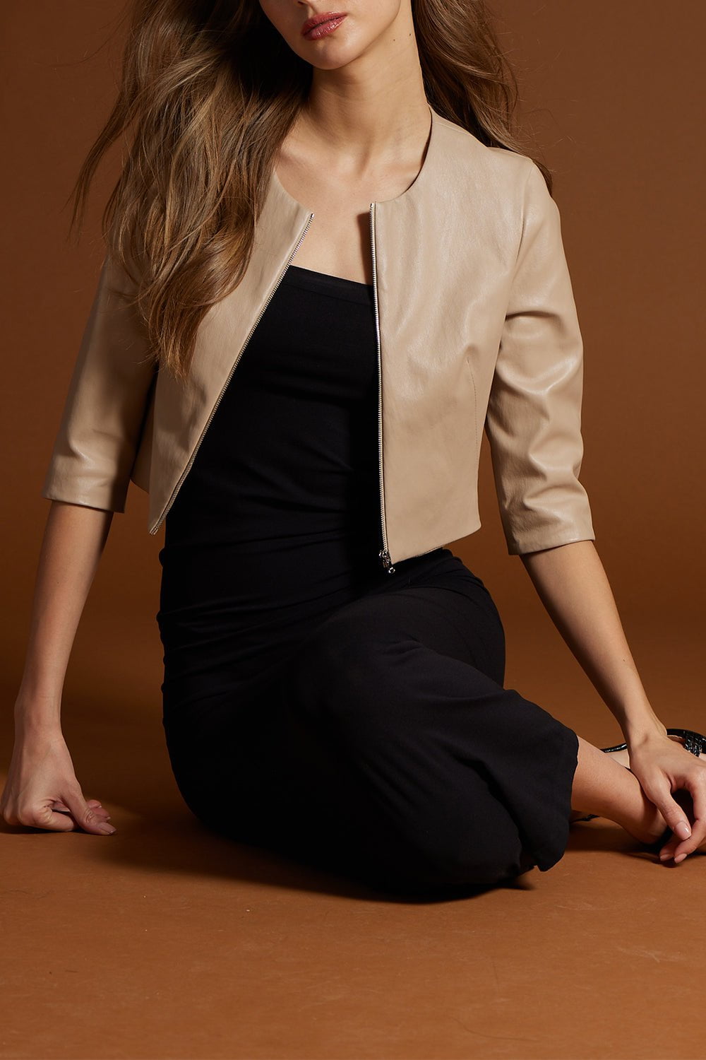 Stretch Leather Cardigan Jacket - Oat | SHOP BAZAAR